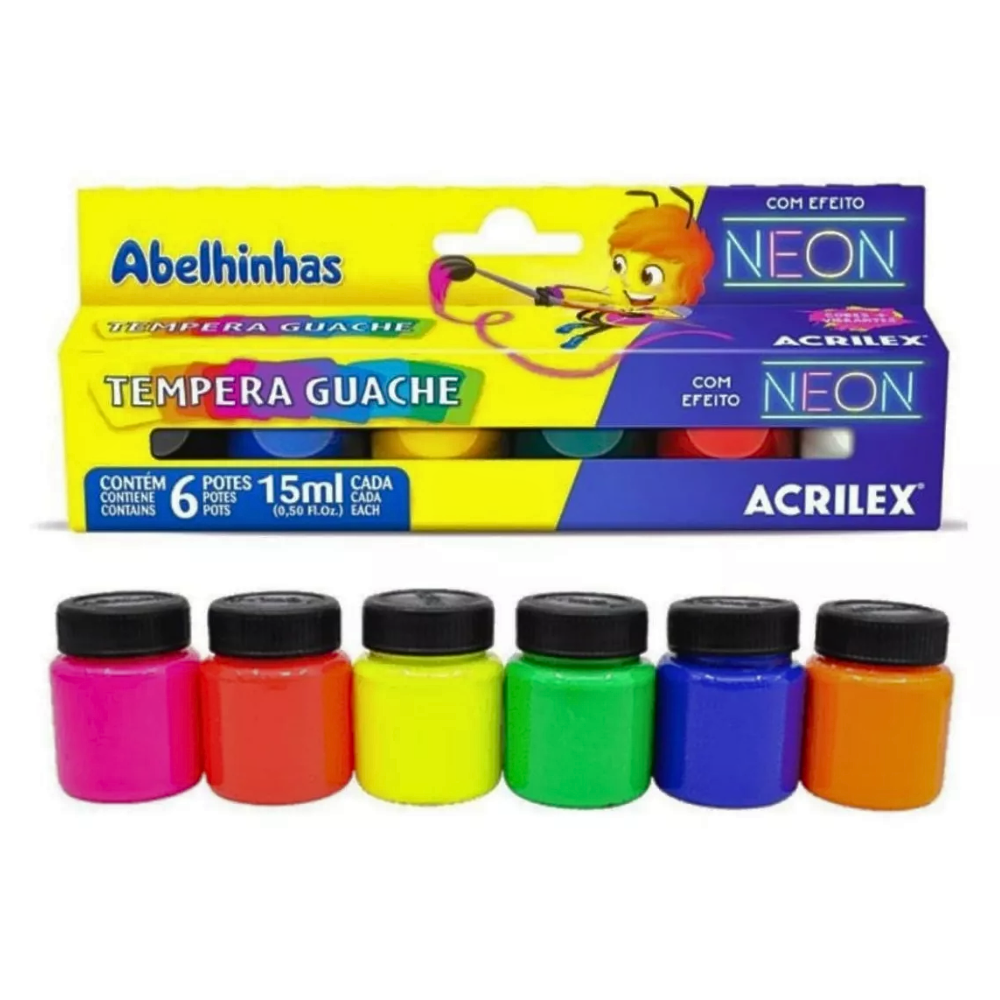 Tinta Guache Neon 6 Potes com 15ml ACRILEX - Frame Papelaria