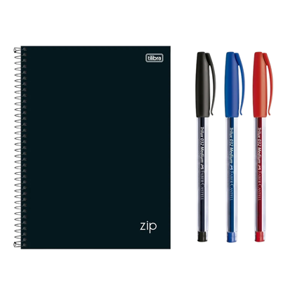 Kit 1 Caderno Espiral Universitário 1 Matéria 80 Folhas Zip + 3 Canetas ...